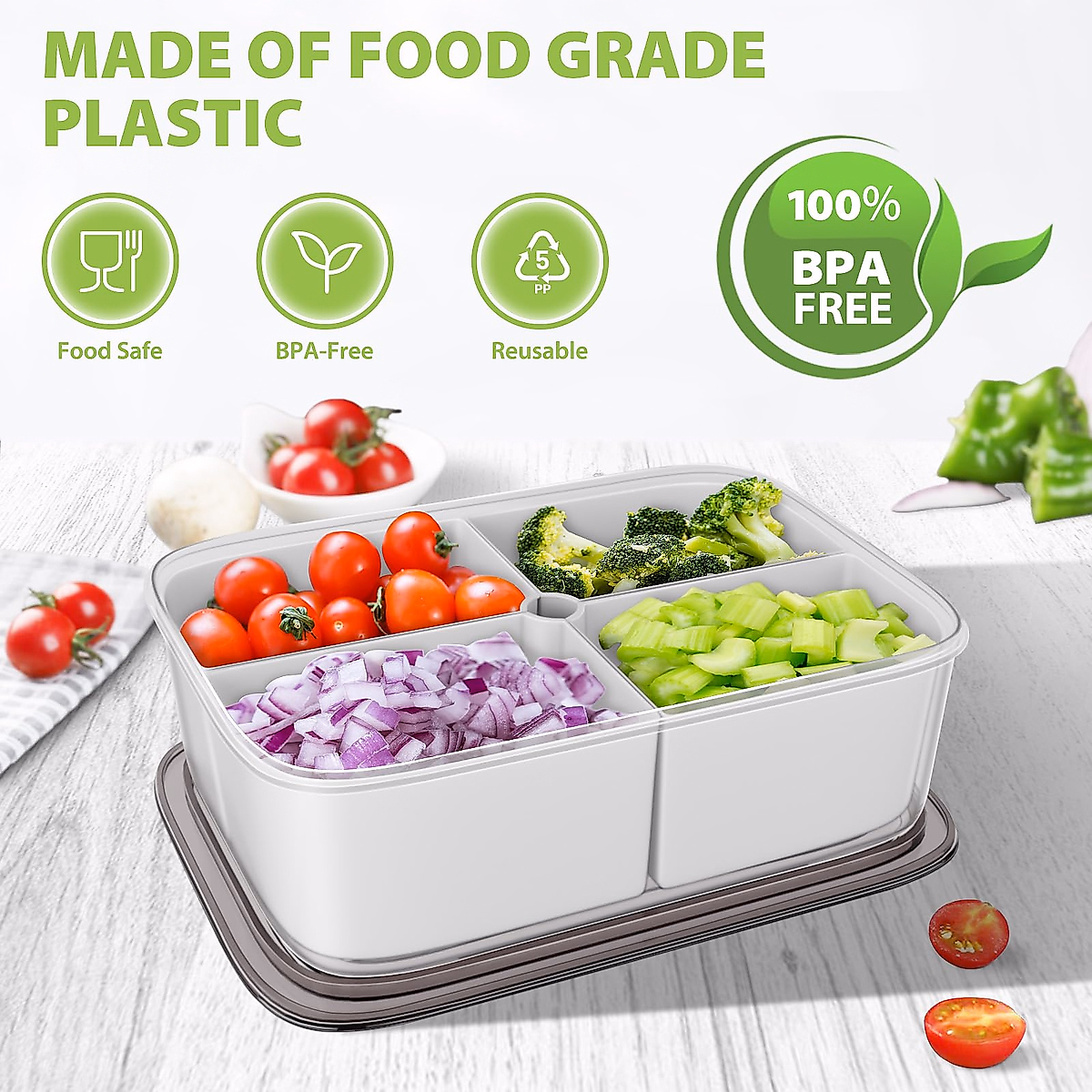 Freshmage® Veggie Tray with Lid, Small Divided Serving Tray Container with 4 Removable Compartments for Food Storage of Fruits/Vegetables/Snacks, DISHWASHER SAFE & BPA-FREE
