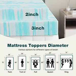 SMUG Memory Foam Mattress Topper, 3 Inch Thick Gel Infused Cooling Toppers Pad for Bed, Sleeper Sofa, RV, Camper, CertiPUR US Certified, Ventilated and Breathable, Bule, Queen