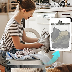 Ulbemoll Laundry Hamper with Lid, 26 Gal(100L) Grey Laundry Basket With Bamboo Handles Slim Foldable, Removable Mesh Liner Large Wash Baskets Laundry Bin Dirty Clothes Basket for Bedroom, Bathroom