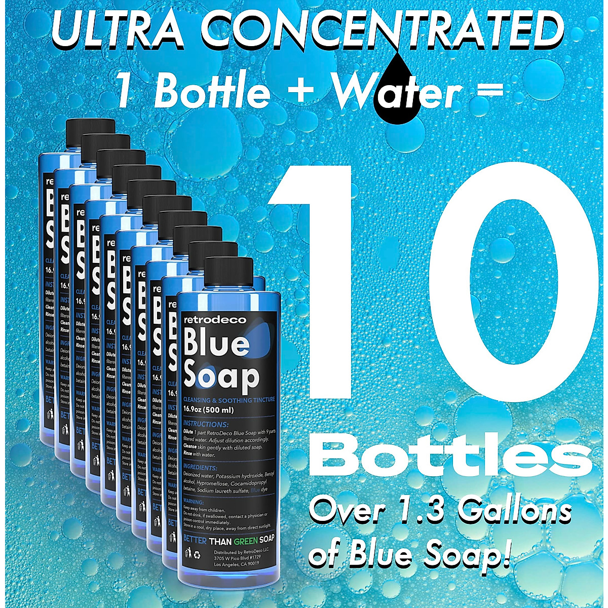 RetroDeco Ultra Concentrated 16.9oz Tincture of Blue Tattoo Soap USP: Makes 1.3 Gallons of Blue Soap with XL 16.9oz Squeeze Bottle For Skin and Piercings, Better Than Green Soap