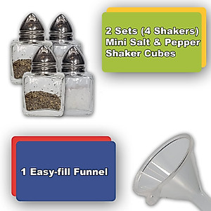 Pack of 4 Clear Glass Mini Cube Salt & Pepper Shakers with Stainless Tops and BONUS Easy Fill Funnel by NetSellsIt