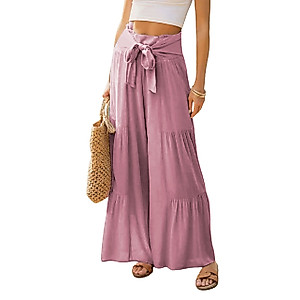 Xiaoxuemeng Women's Tiered Palazzo Pants Flowy Elastic High Waisted Wide Leg Beach Pants (Pink-XL)