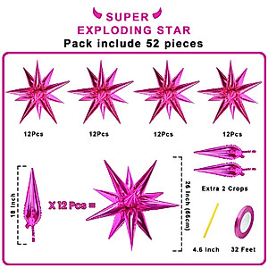 FUNTOOB Hot Pink Balloons Star Balloons Metallic Star Foil Balloons Hot Pink Star Cone Balloons Starburst Balloon Spike Balloons for Birthday Graduation Business Event Christmas Decorations (50Pcs)