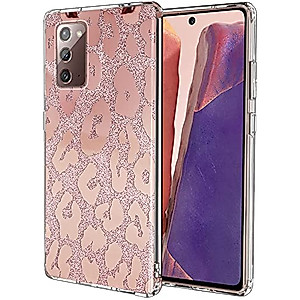 J.west for Samsung Galaxy Note 20 Case 6.7 inch,Luxury Saprkle Bling Glitter Leopard Print Design Soft Metallic Slim Protective Phone Cases for Women Girls Clear TPU Bumper Silicone Cover Rose Gold