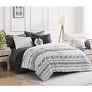 Geniospin Boho Queen Comforter Set, Boho Bed in a Bag 8-Pieces Bedding Set, Reversible Aztec Pattern, Design with Soft Microfiber, Lightweight, Warm and Breathable (White and Black, 90x90 Inches)