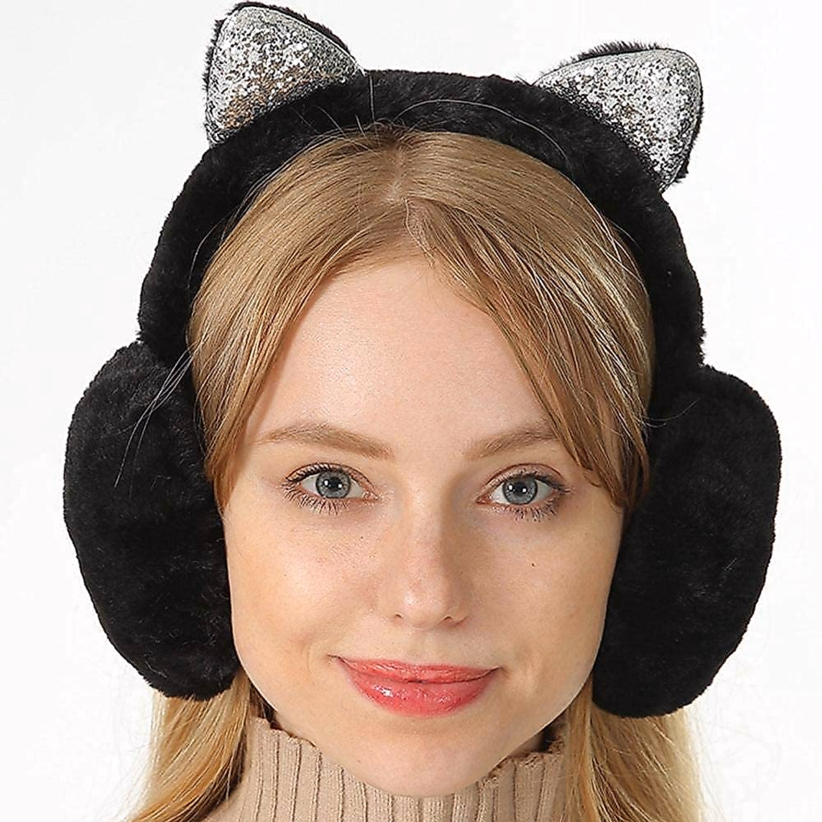 RONGXG Cute Sequin Cat Ear Earmuff Girls Plush Warm Ear Muff Soft Furry Outdoor Winter Ear Warmer Anti-Cold Ear Protector Earflap, Black, One Size