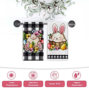 Seliem Easter Bunny Rabbit Kitchen Dish Towel Set of 2, Cute Eggs Flowers Hand Towel Black White Buffalo Plaid Check Drying Baking Cooking Cloth, Funny Spring Holiday Kitchen Decor 18x26 Inches