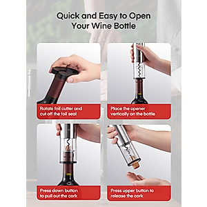 FOHERE Electric Wine Opener, Automatic Electric Wine Bottle Corkscrew Opener with Foil Cutter, Wine Aerator Pourer, Vacuum Stopper, and Charging Base, Rechargeable (Stainless Steel)