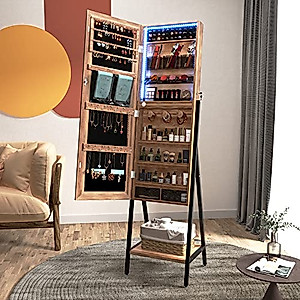 LVSOMT 3 LEDs Full Length Mirror Jewelry Cabinet, Standing Mirror with Jewelry Storage, Large Lockable Armoire for Necklaces, Earrings, Cosmetic Storage, Brown