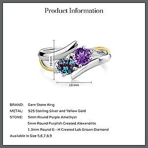 Gem Stone King 1.08 Ct Purple Amethyst Purplish Created Alexandrite 925 Silver and 10K Yellow Gold Ring (Size 9)