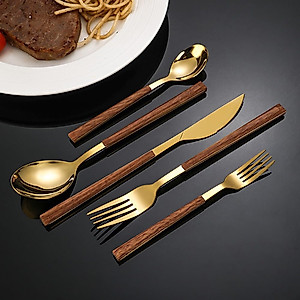 Aimilan 20 Piece Gold Silverware Set for 4, Imitation Wooden Handle Flatware Cutlery Set for Home Kitchen Restaurant, Mirror Finish, Dishwasher Safe (20-Piece for 4)