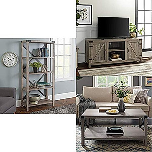 Walker Edison Furniture Wood Bookcase Bookshelf Home Office Living Room Storage, 4 Shelf, Gray Wash | Universal Stand for TV's up to 64", 58 Inch, Grey | Rectangle Ottoman Storage Shelf, Gray Wash