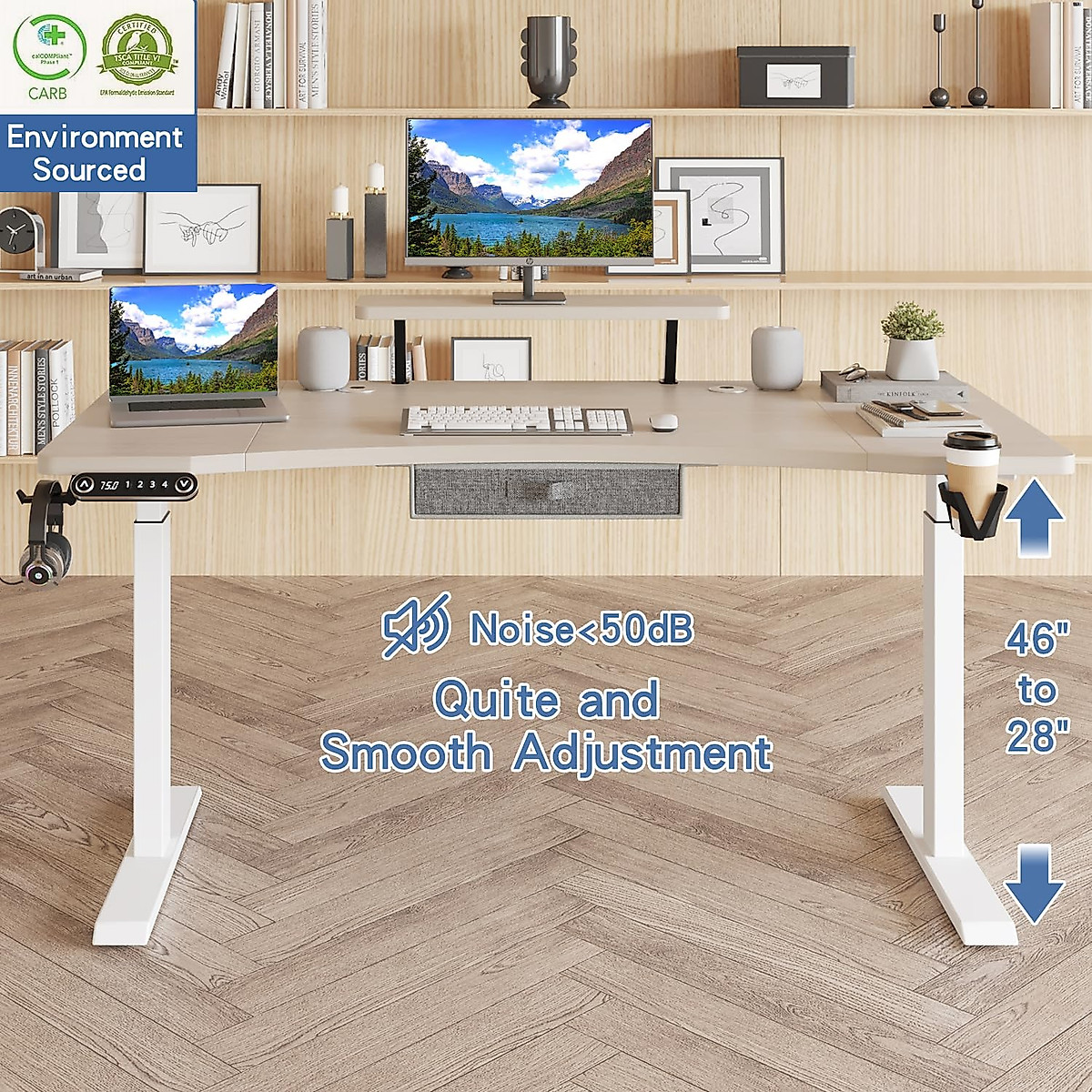 Jceet 63x30 Inches Dual Motor Electric Standing Desk with Drawer, Adjustable Height Sit Stand Up Desk with Storage Shelf, Home Office Desk Computer Workstation with Pale Pearwood Top/White Frame