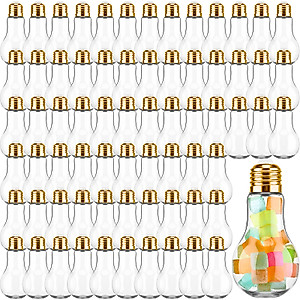 Potchen 72 Pieces Plastic Bulb Jar Light Bulb Shaped Acrylic Candy Boxes 3.4 oz Fillable Plastic Light Bulbs for Crafts Light Bulb Gift Lightbulb Candy Containers for Party Favors Supplies (Gold Lid)