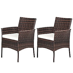 RELAX4LIFE Patio Dining Chairs Set of 2 PCS Wicker Armchairs with Comfortable Cushions for Deck, Garden, Lawn, Balcony, Backyard and Poolside Outdoor PE Rattan Fire Pit Chairs (2, Brown+Beige)