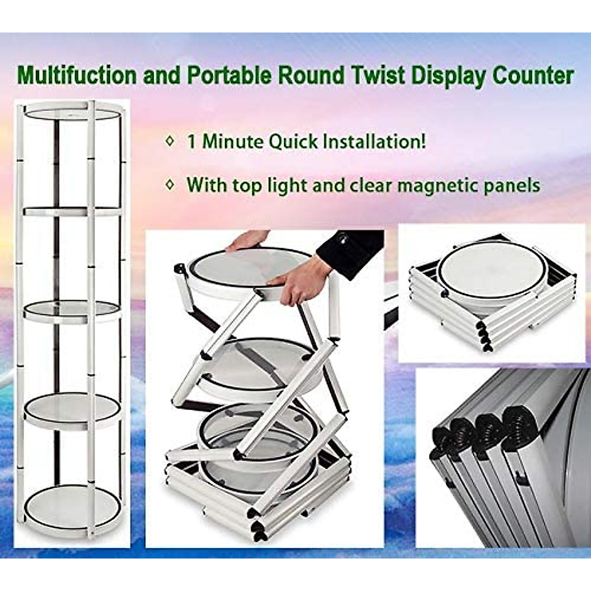 81 in Portable Display Case Set 5-Layer Circle Quick Installation Potable Twister Tower Portable Trade Show Counter with Twist and Fold Design- Stand Only (White)