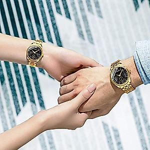 FANMIS Men's Luxury Analog Quartz Gold Wrist Watches Business Stainless Steel Band Dress Wrist Watch Classic Calendar Date Window 3ATM Water Resistant (Black)