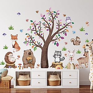 Suplanet Woodland Animals Wall Decals Tree Wall Stickers Fox Squirrel Deer Hedgehog Rabbit Bear Owl Raccoons Wall Decor for Boys Bedroom Baby Nursery Kids Bedroom Living Room