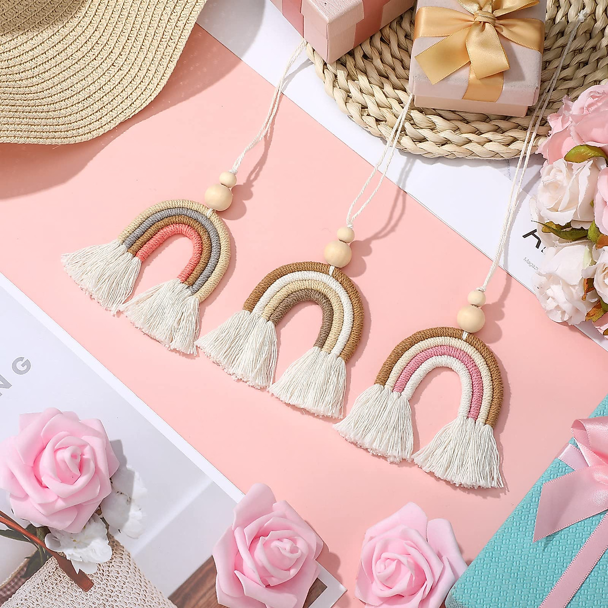 Frienda 3 Pieces Boho Rainbow Car Charm Essential Oil Diffusers for Car Cute Air Fresheners Handmade Hanging Accessories Decor(Beautiful Style)