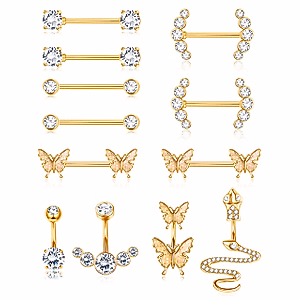 FINREZIO 12PCS 14G Nipple Rings Belly Button Rings for Women Stainless Steel Butterfly CZ Tongue Nipple Barbell Body Piercing Shield Ring Set(Gold)