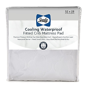 Sealy Baby Cooling Moisture Wicking Fitted Waterproof Baby Crib Mattress Protector, Crib Mattress Topper, Crib Mattress Pad, Toddler Bed Mattress Protector, Machine Wash/Dryer Friendly 52”x 28”- White