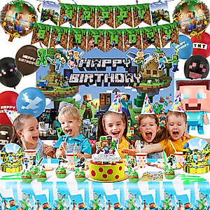 Birthday Party Supplies - 203pcs Birthday Party Supplies Decorations - Party Supplies include Banner, Backdrop, Tablecloth, Cake Toppers, Balloons, Hanging Swirls