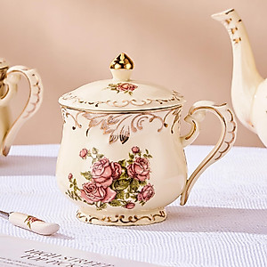 YOLIFE Tea Cup with Lid, 12 oz Tea Cup with lid and Spoon, Ceramic Flower Tea Cups Birthday Gift for Mom Women (Pink Rose)