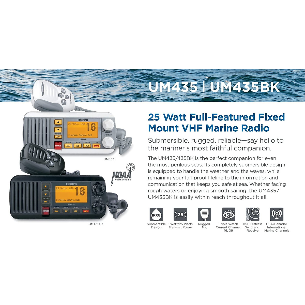 Uniden UM435 Advanced Fixed Mount VHF Marine Radio, All USA/International/Canadian Marine Channels Including New 4-Digit, CDN “B” Channels, 1 Watt/25 Watt Power, Waterproof IPX8 Submersible, White