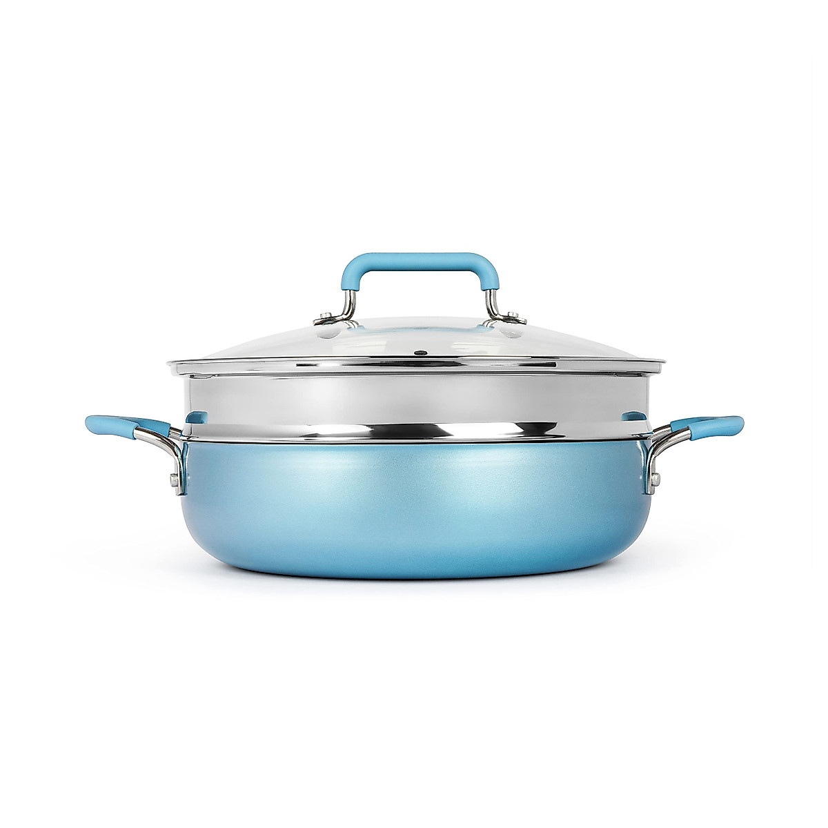 Granitestone Nonstick Everyday Pan Stir Fry Pan Multi-Purpose Pan 3 Piece Set with Tempered Glass Lid & Stainless-Steel Steamer, 5.5 Qt, Dishwasher Safe - 100% PFOA FREE, Turquoise