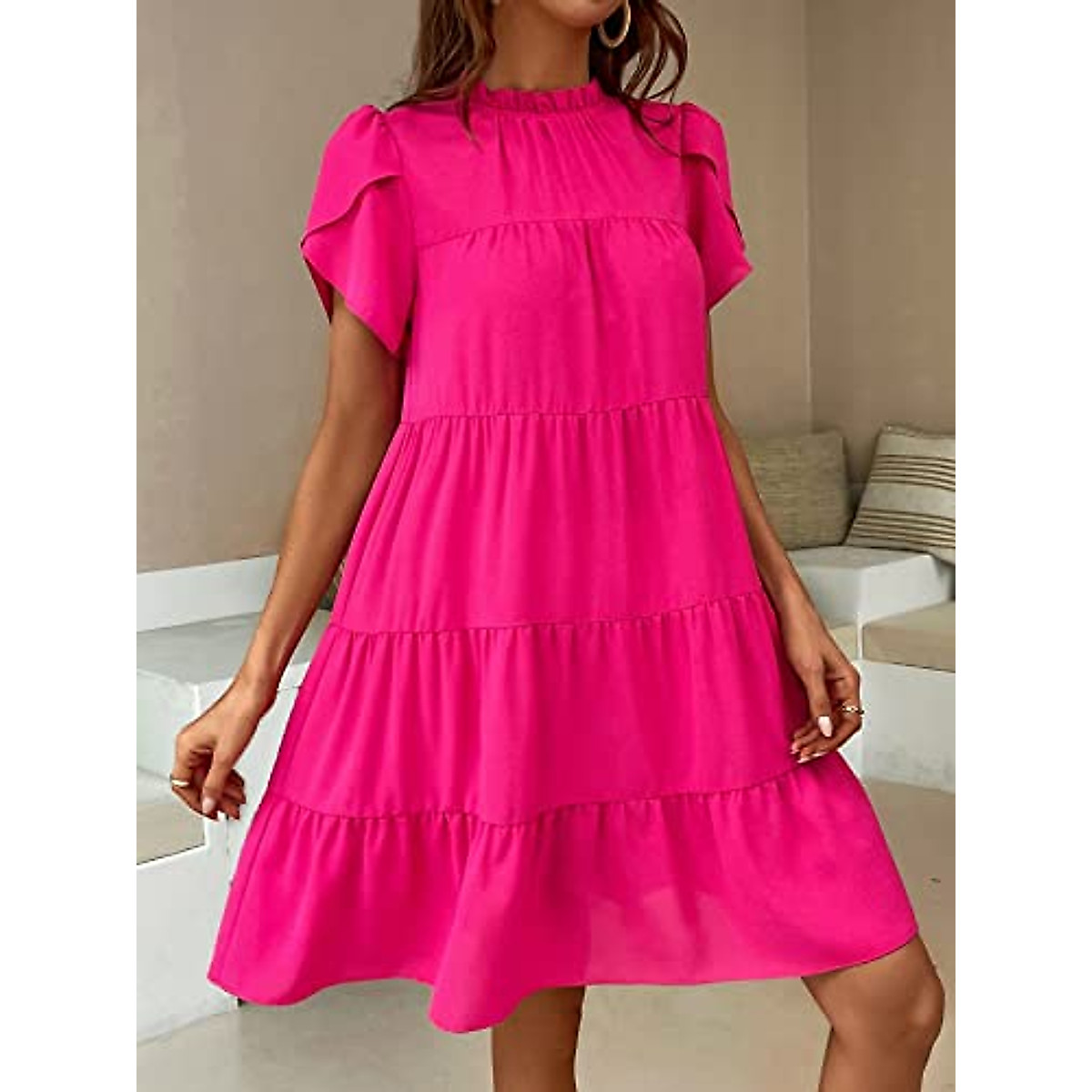 Verdusa Women's Tie Back Petal Sleeve Mock Neck Ruffle Hem A Line Swing Smock Dress Hot Pink L