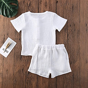 GOOCHEER Toddler Baby Boy Girl Clothes Solid Linen Short Sleeve T-Shirt Tops Shorts Pants Unisex 2Pcs Summer Outfits Set (A-White, 2-3T)