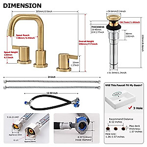 PARLOS Two-Handle Widespread Bathroom Faucet with Metal Pop-up Drain Assembly and cUPC Faucet Supply Lines, Brushed Gold, 1.2 GPM