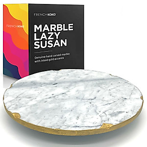 French KOKO 12-Inch Marble Stone Lazy Susan for Countertop with Gold Accent, White Marble Lazy Susan Turntable, Marble Spin Dining Set Tray Spin Slab Pastry Board 12"