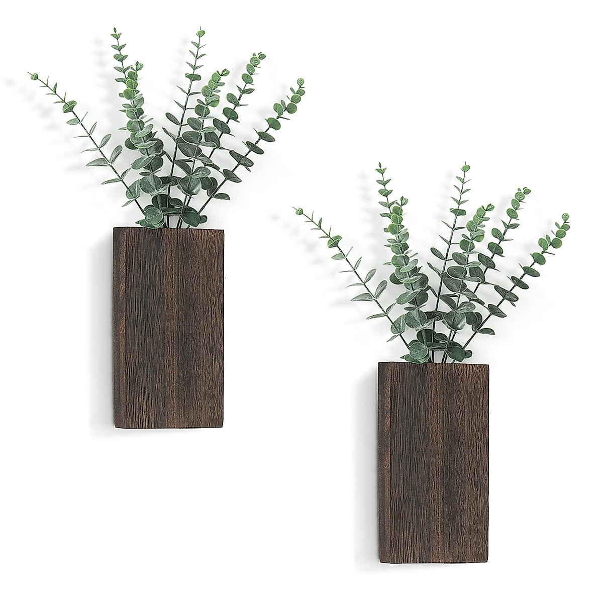 Dahey 2 Pack Wood Wall Planter Vase with Artificial Eucalyptus Farmhouse Wall Hanging Decor Pocket Planter for Indoor Fake Plants Greenery, Living Room Bedroom Kitchen Home Office Decoration
