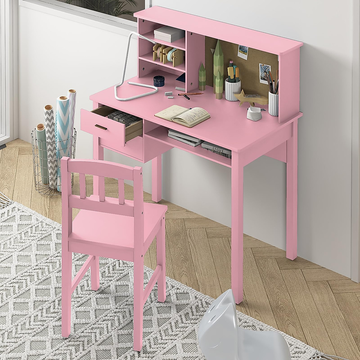 BALUS Kids Desk & Chair Set, Children’s Desk for Bedroom with Drawer for Storage, Kids Craft Table, Study Table for Writing Reading Painting for Boys Girls 7-14 Year Old - Pink