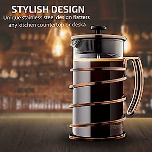 OVENTE Glass French Press Coffee Maker - 34 oz w/Stainless Steel Filter Plunger - Hot or Cold Brew, BPA Free Travel Coffee Press Camping Ready Coffee & Tea Maker - Spiral Copper FSW34C