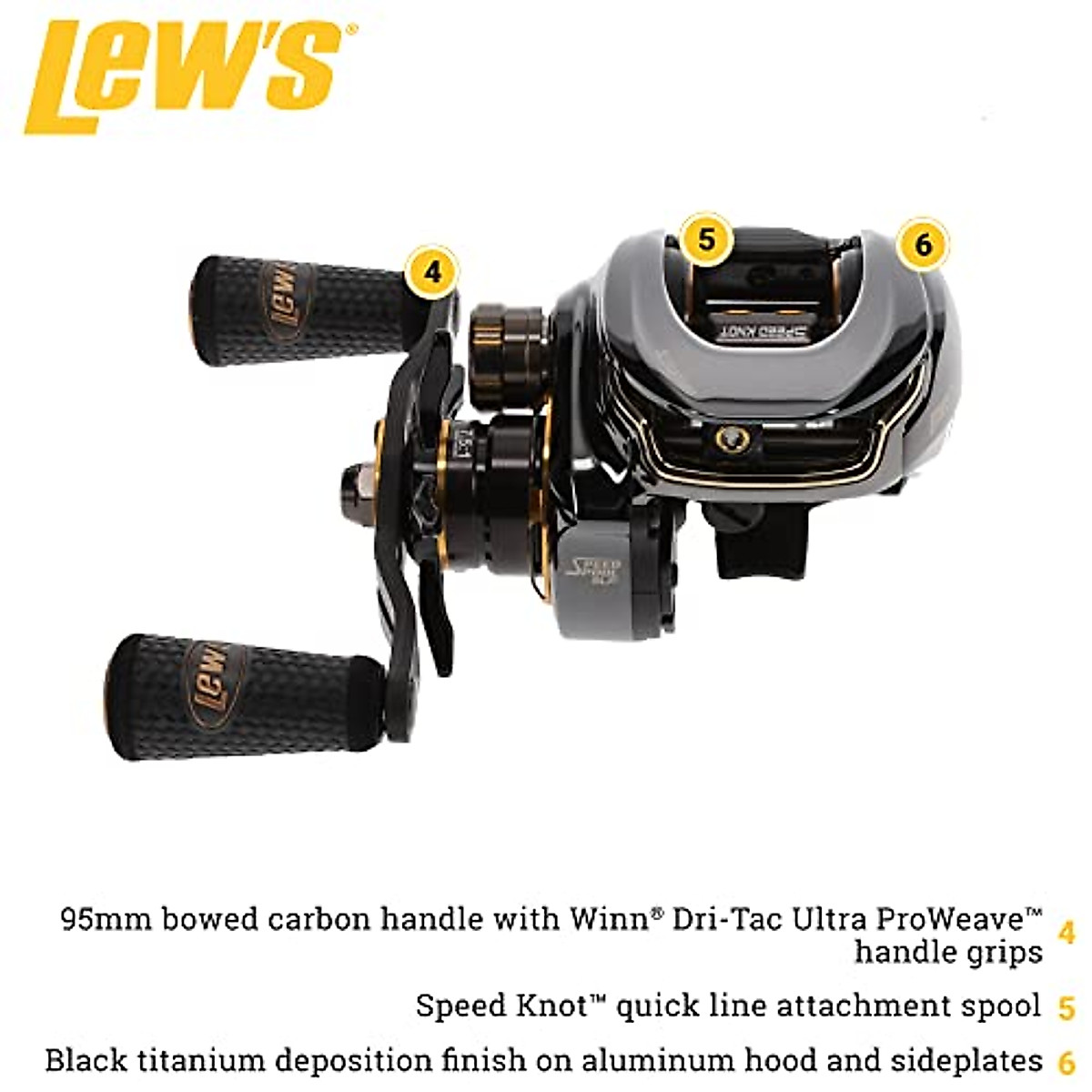 Lew's Team Elite-Ti Baitcast Reel, 10+1 Stainless Steel Ball Bearings, 7.5:1 Gear Ratio, Right-Hand Retrieve, Titanium Gray/Gold