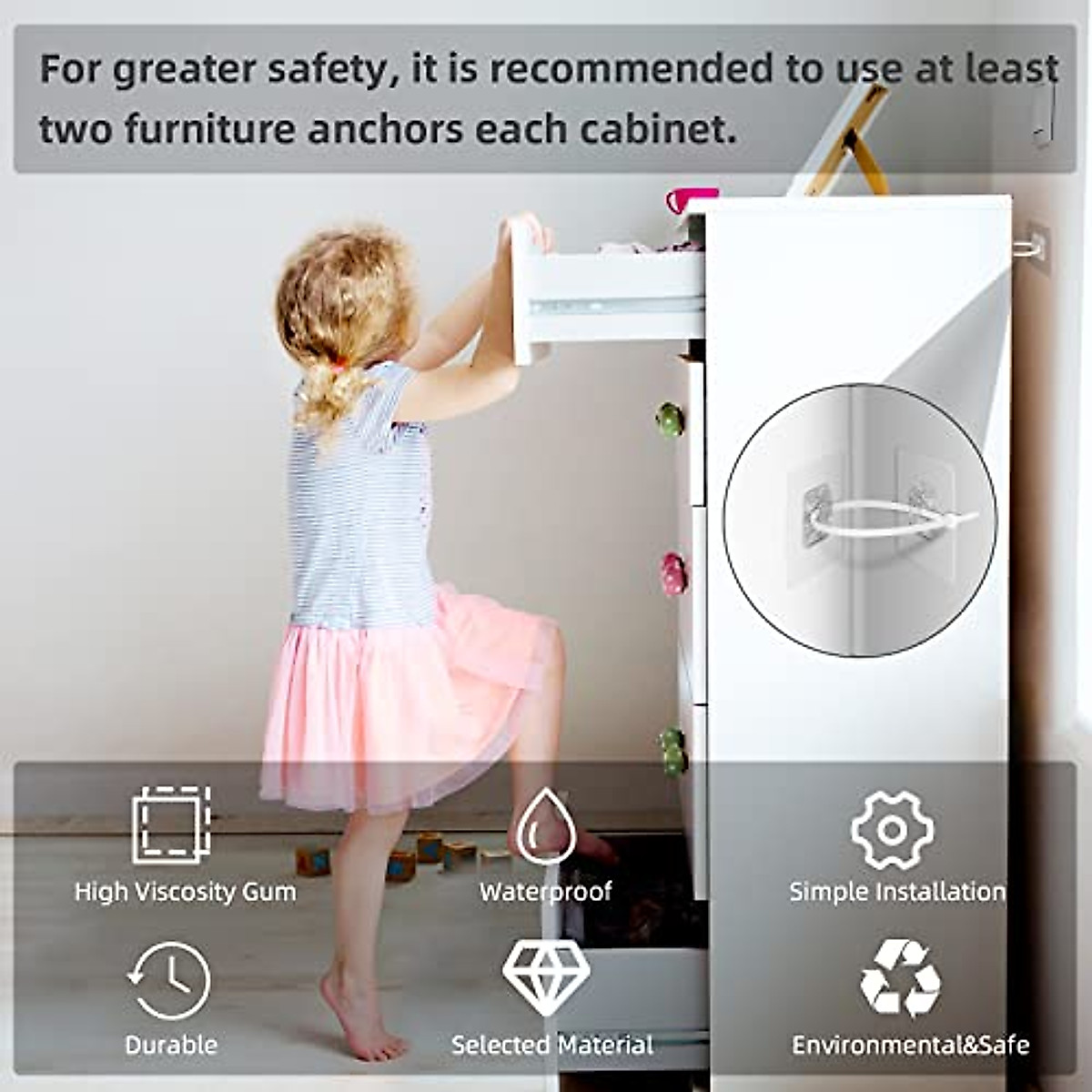 20 Pack Anti Tip Furniture Anchors No Drill, Baby Proofing Furniture Wall Anchor Straps, Adhesive Cabinet Safety Wall Anchors, Furniture Safety Straps for Bookcase Cabinet Drawer Dresser Shoe Shelf