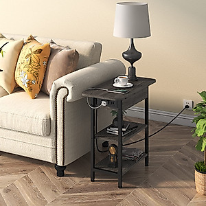 LIDYUK End Table with Charging Station, Set of 2 Flip Top Narrow Side Table for Small Spaces, Nightstands Set of 2 for Bedroom, End Tables Living Room Set of 2 with Storage Shelf, Dark Grey