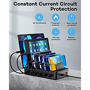 Charging Station for Multiple Devices, ALFUEL 50W 6 Port USB Charging Station Dock with 6 Charging Cables, Charger Station Organizer for iPhone, Android, Tablets, Kindle, Smart Watch - Black