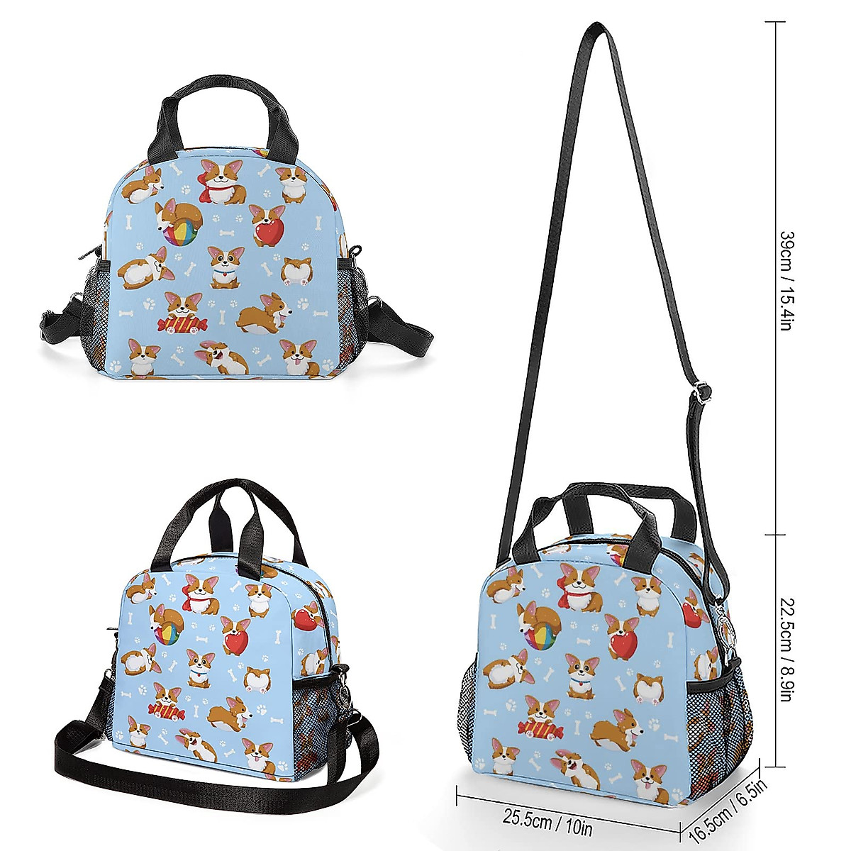 CEGGTDIR Insulated Reusable Lunch Bag with Adjustable Detachable Shoulder Strap, Durable Water-Proof Blue Corgi Lunch Box for Boys and Girls Portable Modern Tote Bag For School Picnic Travel