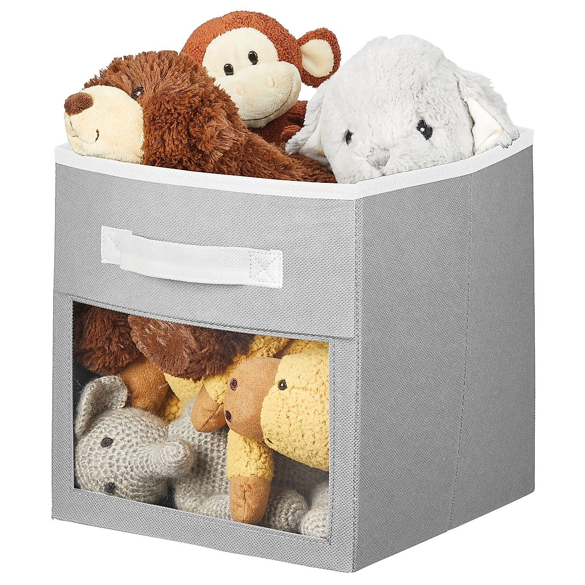 mDesign Fabric Nursery/Playroom Closet Storage Organizer Bin Box with Front Handle/Window for Cube Furniture Shelving Units, Hold Toys, Clothes, Diapers, Bibs, Jane Collection, 4 Pack - Gray/White