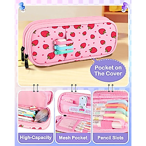 LISEVO Cute Pencil Case - Aesthetic Strawberry Pencil Pouch, Medium Capacity Colorful Pen Bag with Zipper, School Supplies Organizer Stationary Pen Holder for Girls Teens