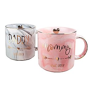 VILIGHT Gifts for New Mom and Dad 2021 - Mommy and Daddy est 2021 - First Time Parents Mugs - Marble Ceramic Cup 11.5 Oz