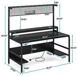 Tribesigns 55 Inch Gaming Desk with 2-Outlet & 2 USB Ports, Large Computer Desk with Monitor Stand, Ergonomic Gamer Table with Metal Storage Basket, Black
