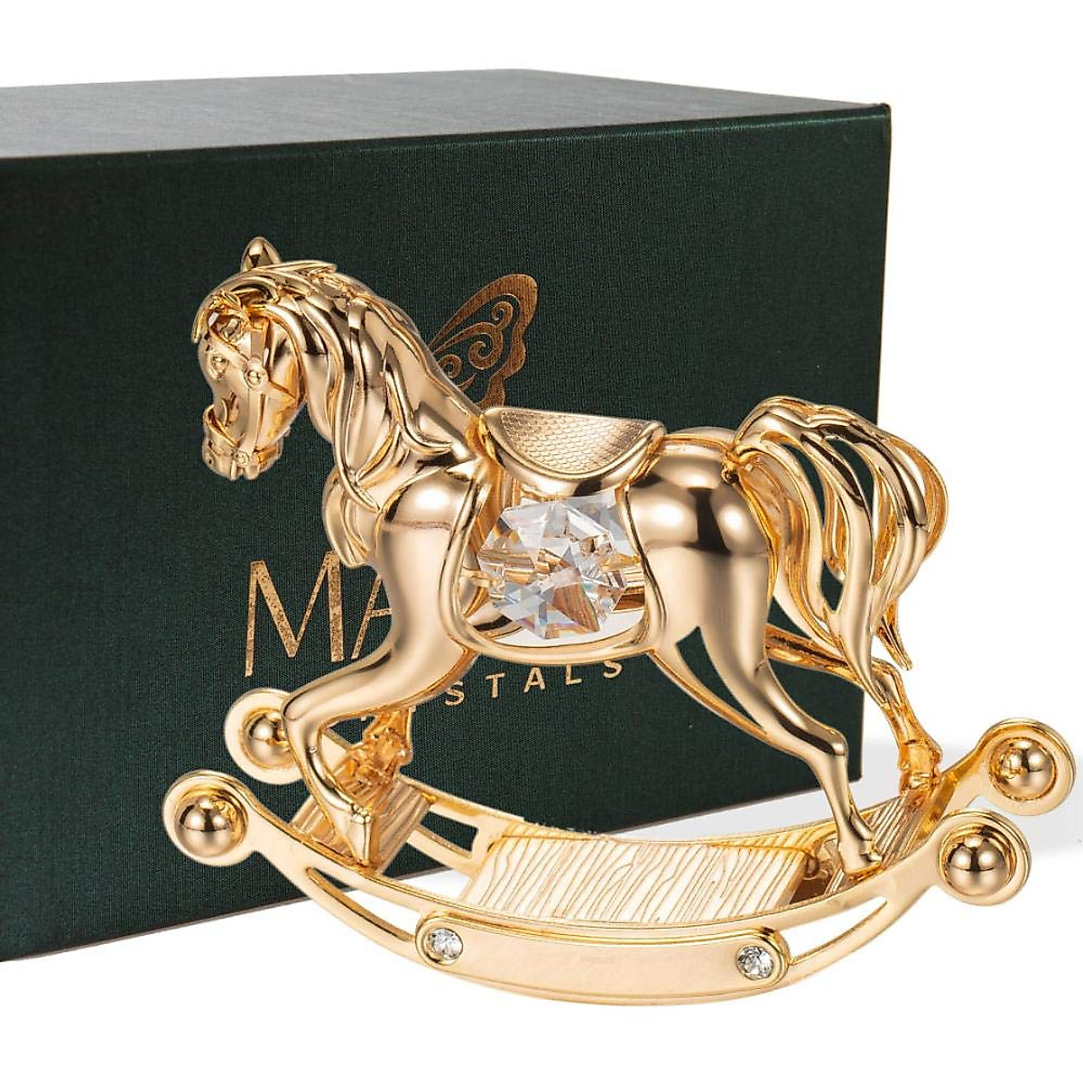 Matashi 24K Gold Plated Crystal Studded Rocking Horse Ornament Home Office Desk Decor Tabletop Decorative Showpeice Gift for Christmas Valentine's Day Mother's Day Birthday Gift for Mom Dad Girlfriend