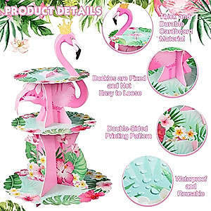 3 Tier Pink Flamingo Cupcake Stand Hawaiian Theme Cupcake Holder Luau Aloha Cake Holder Decorations Tropical Cupcake Dessert for Summer Pool Beach Birthday Party Supplies