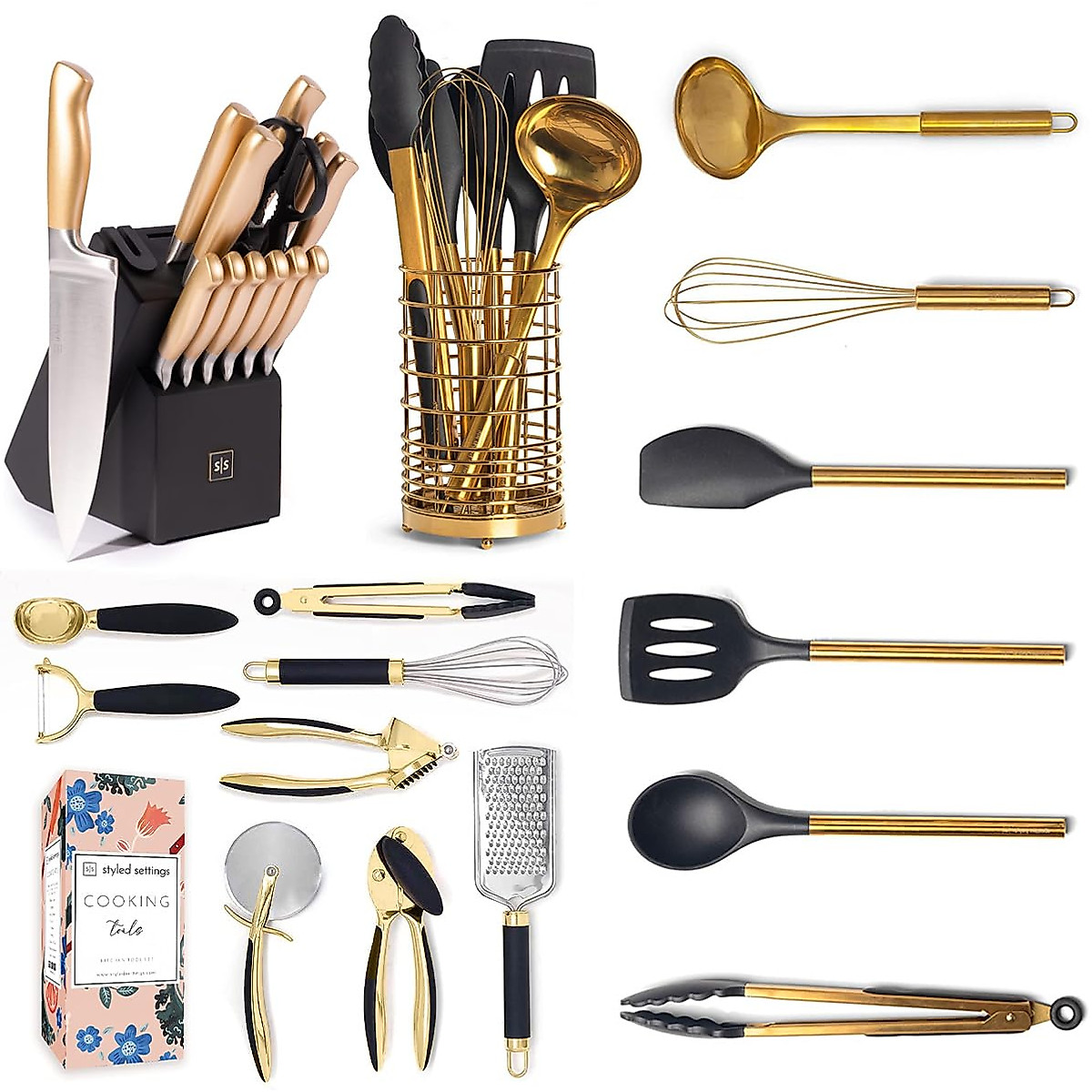 Black and Gold Knife Set with Block, Gold Kitchen Utensils, Gold Utensil Holder, Gold Measuring Cups and Spoons Set, Black and Gold Kitchen Gadget and Tools Set - Black & Gold Kitchen Accessories…