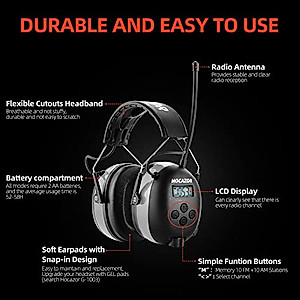 Hocazor HP10 FM AM Radio Headphones with LCD Display, 30dB SNR Hearing Protection Safety Earmuffs for Mowing Work Shops, Grey