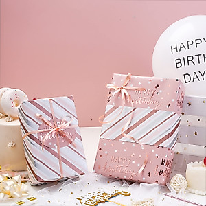 LeZakaa Reversible Birthday Wrapping Paper Roll - Happy Birthday Lettering & Stripe Design with Metallic Foil in Pink - 17 inches x 32.8 Feet (46.45 sq.ft.)